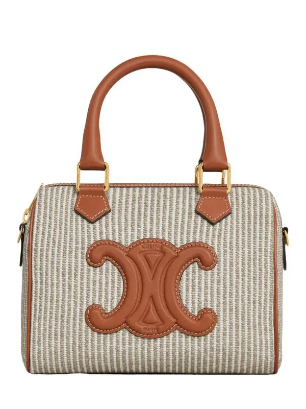 Celine Small Boston Triomphe Bag In Striped Textile And Calfskin - Light Brown