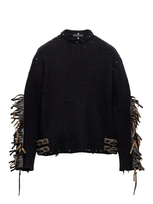 Prada Wool Crew-neck Sweater With Fringe And Studs - Black