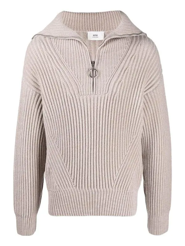Ami Half-zip Ribbed Knit Sweatshirt - Pink