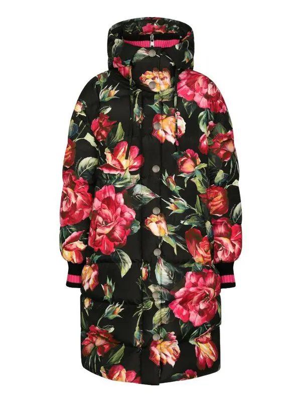 Dolce & Gabbana Floral Print High Neck Long Down Coat - Black