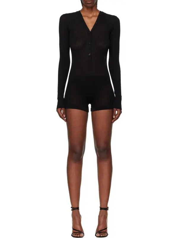MUGLER Ribbed V-neck Long Sleeve Bodysuit - Black