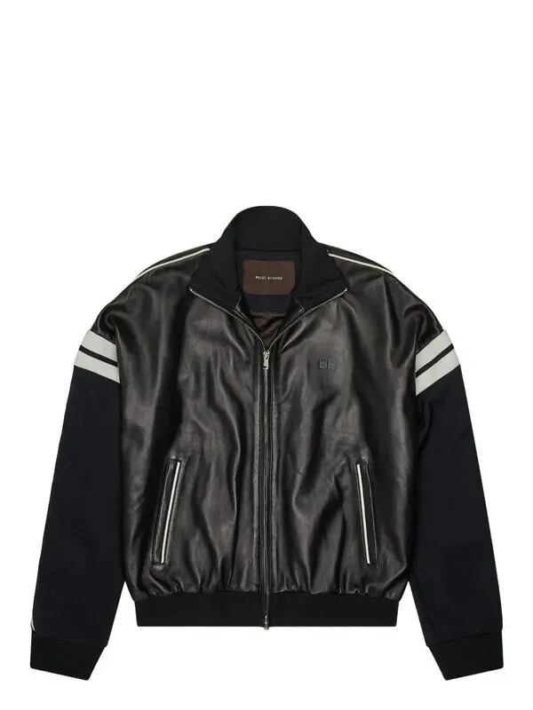 WALES BONNER High Neck Zipped Leather Bomber Jacket With Stripe Detail - Black