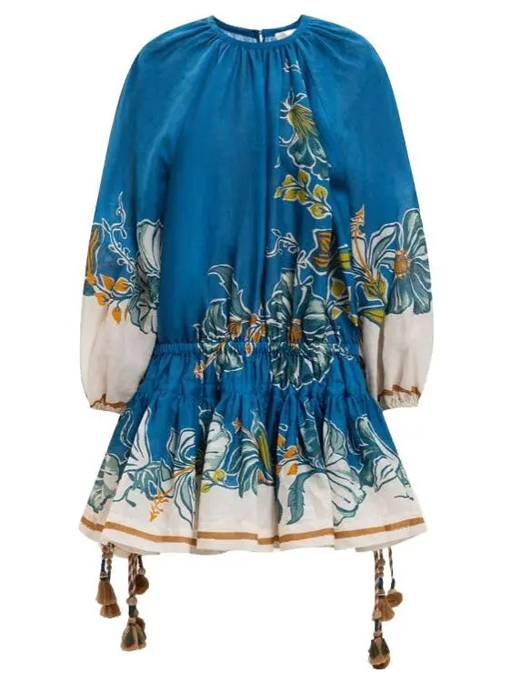 ALEMAIS Long Sleeve Tassel Embellished Dress - Blue