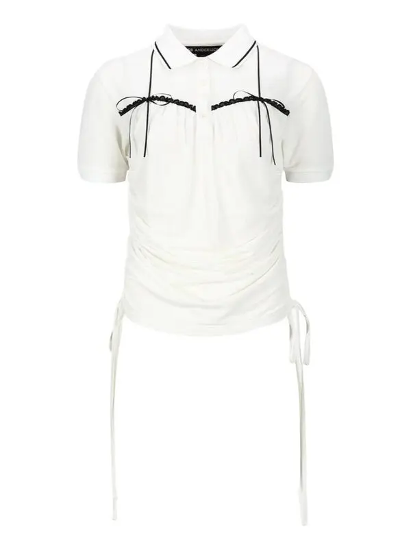 Andersson Bell Ribbed Polo Top With Lace And Bow Detail - White