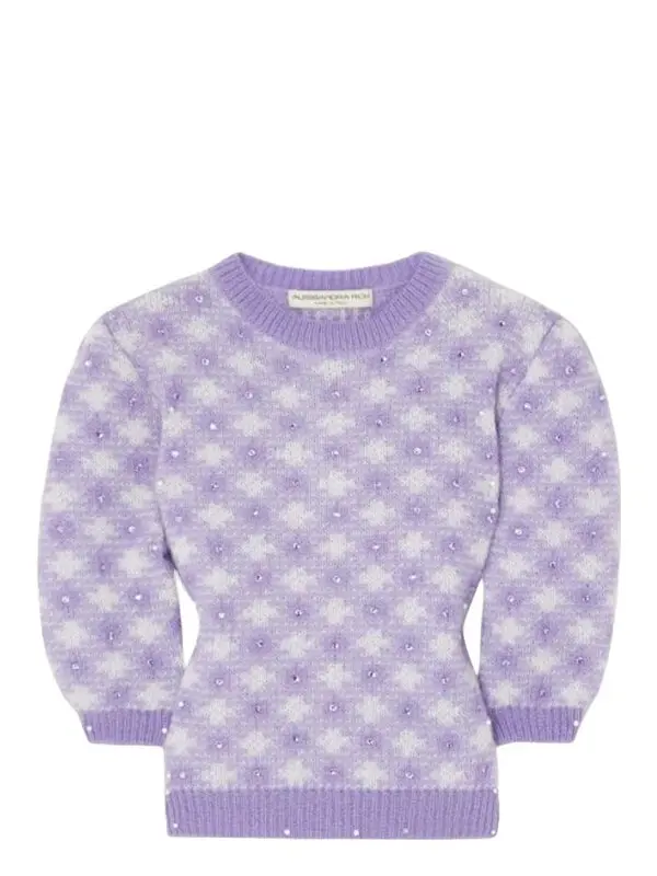 Alessandra Rich Embellished Argyle Round Neck Sweater - Purple