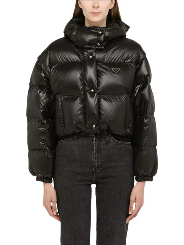 Prada Logo Hooded Down Jacket - Black