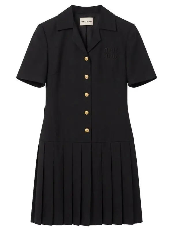 Miu Miu Short-sleeved Belted Pleated Dress - Black