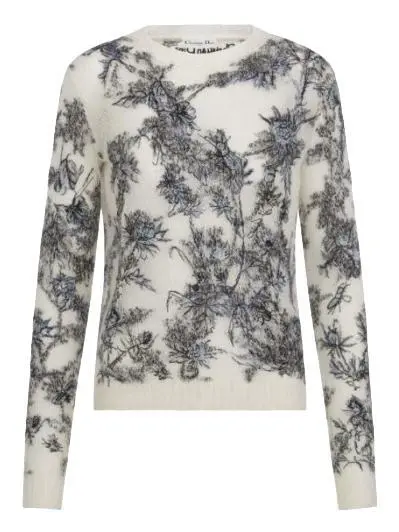 Dior Embroidered Round Neck Long Sleeve Sweater - White