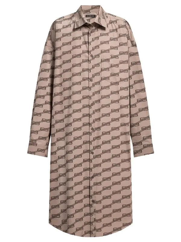 Balenciaga All-over Logo Printed Poplin Shirt Dress - Nude