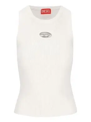 DIESEL® Ribbed Knit Sleeveless Top With Logo Plaque - White
