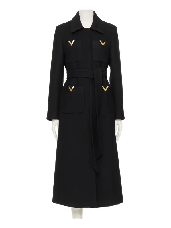 Valentino Garavani Belted Long Sleeve Coat With Notched Lapel And Multiple Pockets - Black