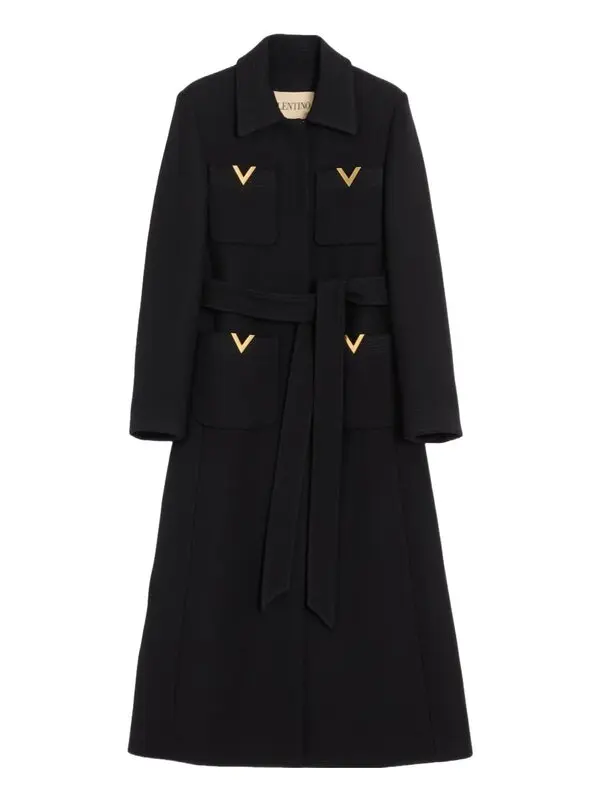 Valentino Garavani Belted Metal V Detail Coat - Black