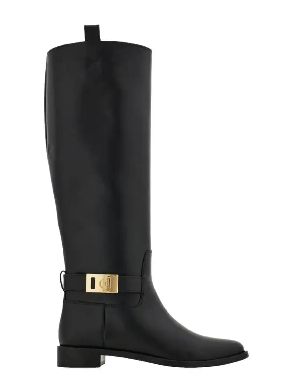 FERRAGAMO Knee-high Boots With Gold-tone Buckle Detail - Black
