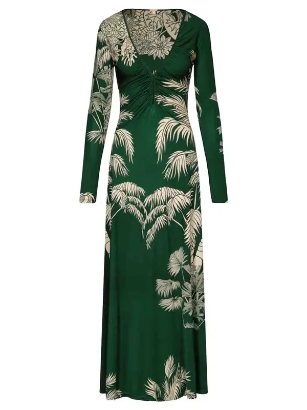Johanna Ortiz Long Sleeve V-neck Maxi Dress - Green