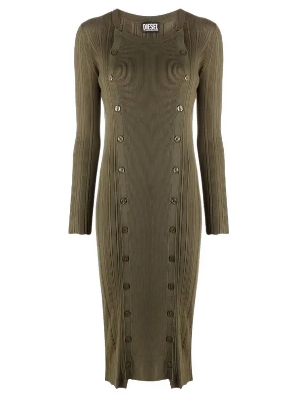DIESEL® Ribbed Knit Midi Dress With Button Detail - Brown