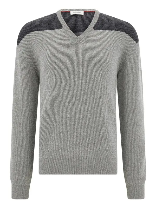FERRAGAMO V-neck Sweater With Contrast Stripe Detail - Swallow Gray/mixed Color Gray