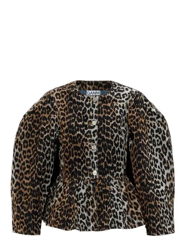 GANNI Animal Print Buttoned Peplum Jacket - Black