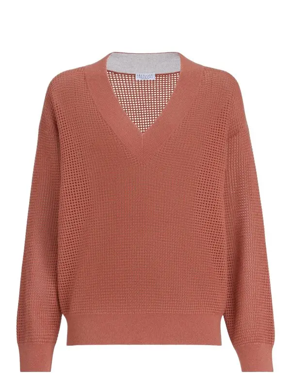 Brunello Cucinelli V-neck Mesh Knit Sweater - Orange