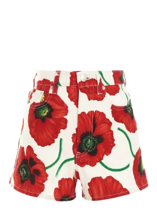Kenzo All-over Poppy Print Denim Shorts - Red