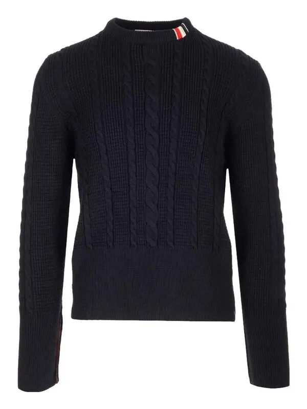 Thom Browne Rwb-striped Cable-knitted Crewneck Jumper - Navy Blue