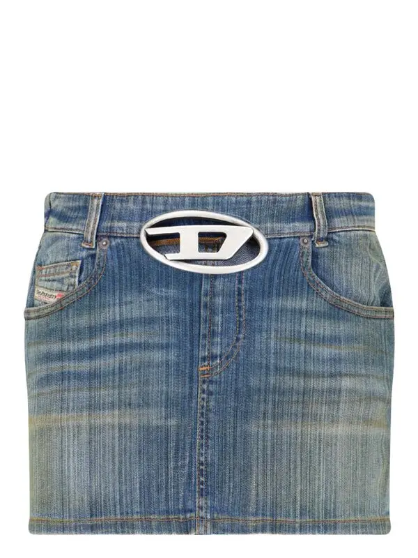 DIESEL® Logo Plaque Denim Mini Skirt - Medium Blue