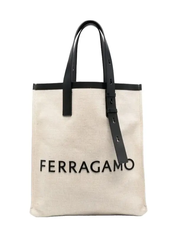 FERRAGAMO Logo Patch Top Handle Tote Bag - Nude