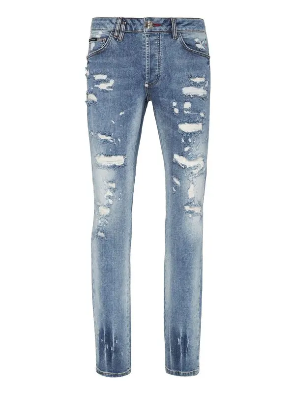 Philipp Plein Belt-loop Jeans With Skull And Bone Embroidery - Blue