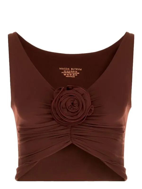Magda Butrym V-neck Ruched Top With Rose Appliqu - Brown