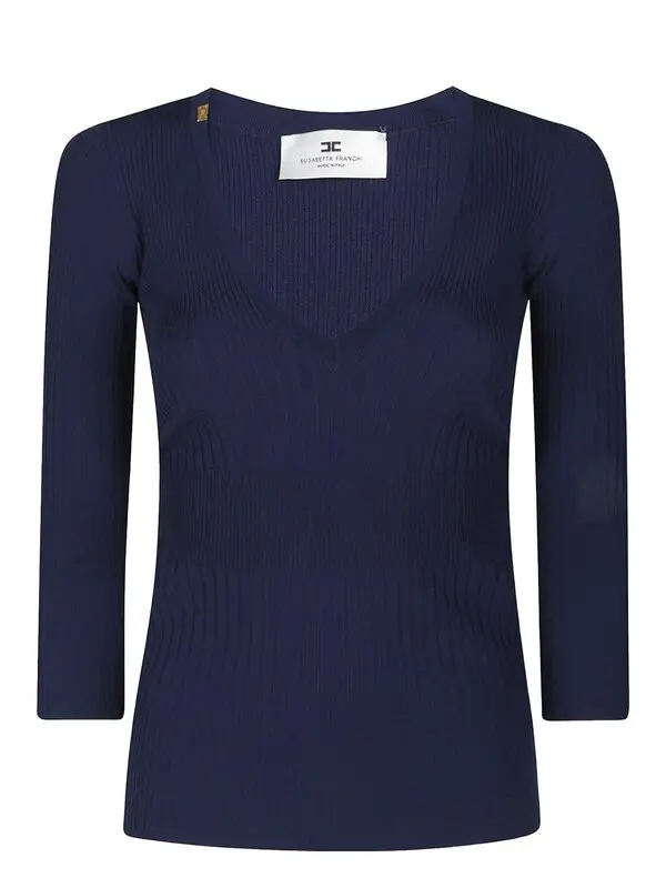 Elisabetta Franchi V-neck Ribbed Knit Top With Golden Logo Plaque - Ultramarine Blue