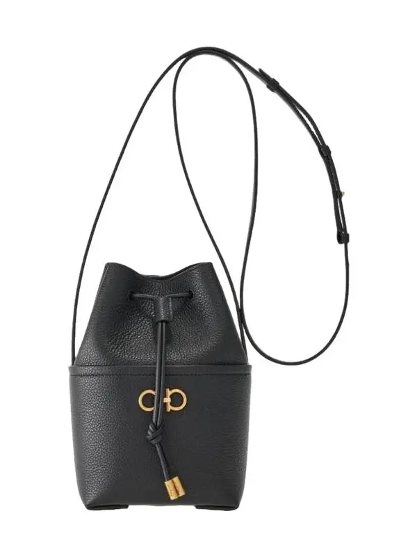 FERRAGAMO Gancini Logo Drawstring Bucket Bag - Black