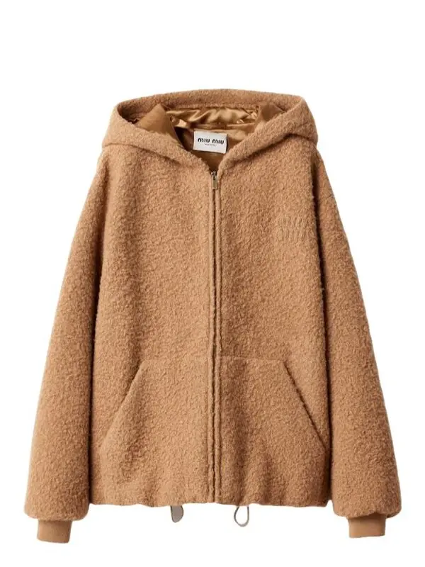 Miu Miu Hooded Zip-up Jacket With Embroidered Logo - Camel Brown