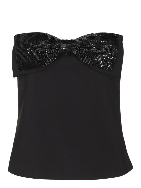 SELF-PORTRAIT Crepe Bandeau Top With Beaded Bow Detail - Black