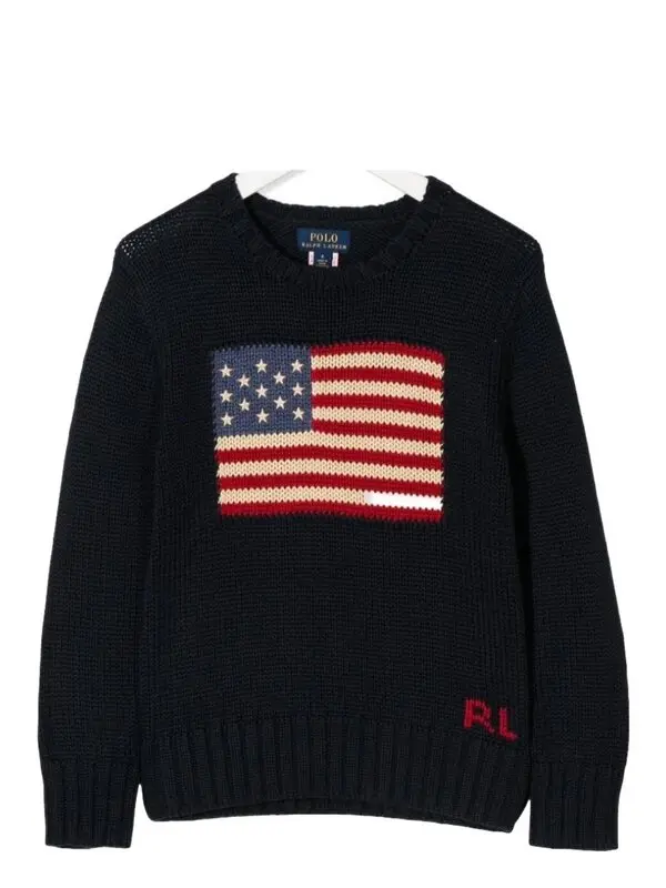 Polo Ralph Lauren Long Sleeve Crewneck Sweater With American Flag Detail - Black