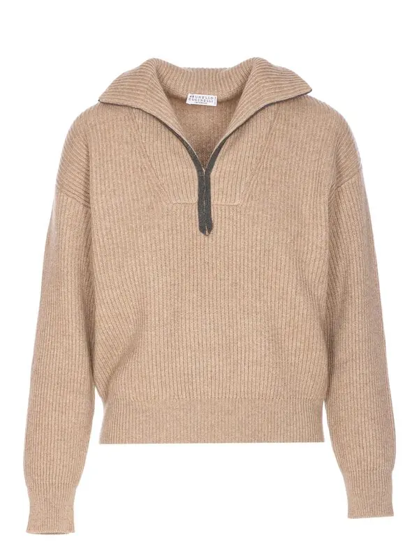 Brunello Cucinelli Ribbed Half-zip Sweater - Nude