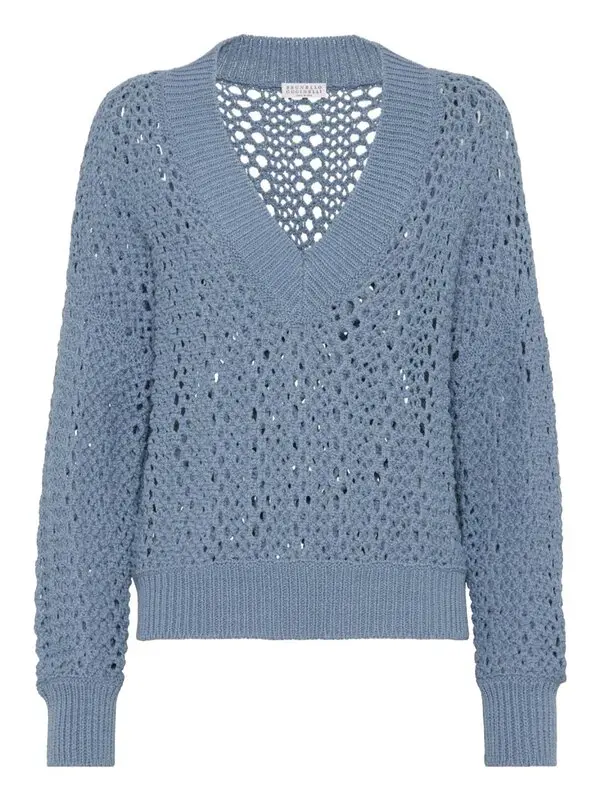 Brunello Cucinelli V-neck Mesh Knit Jumper - Sky-blue
