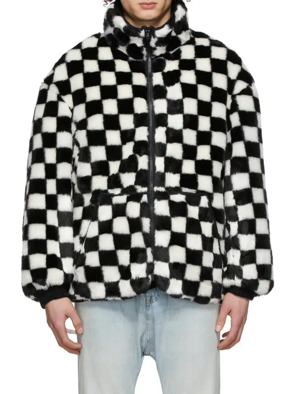 R13 White Checkered Faux Fur Jacket - Black