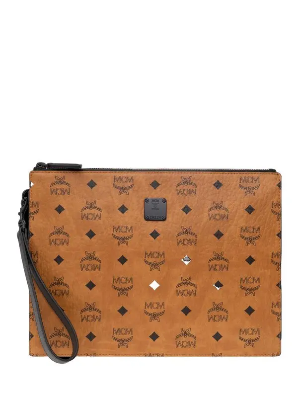 Mcm Monogrammed Leather Wristlet - Brown