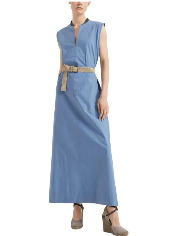 Brunello Cucinelli V-neck Sleeveless Belted Midi Dress - Air Force Blue