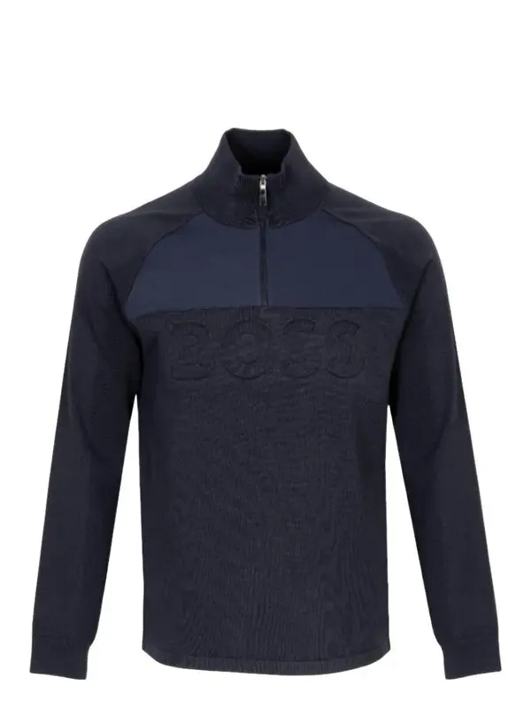 Hugo Boss Quarter Zip Sweater With Ribbed Collar And Embossed Logo - Black