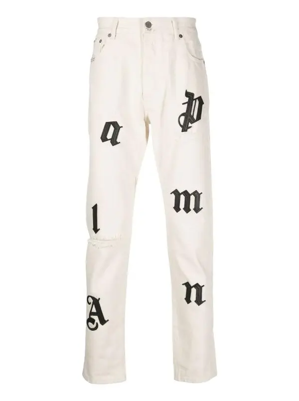 Palm Angels Logo Patch Straight Leg Jeans - White