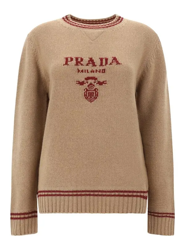 Prada Logo Intarsia Striped-trim Crewneck Jumper - Brown