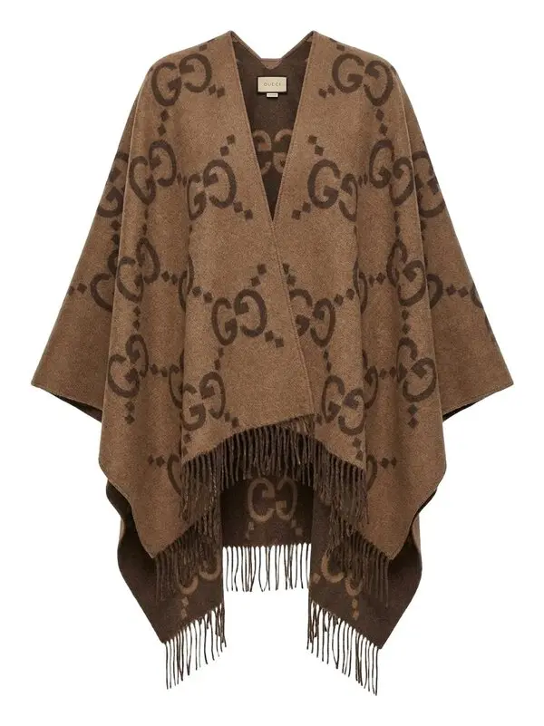 Gucci Monogrammed Fringe Edge Poncho - Beige And Dark Brown
