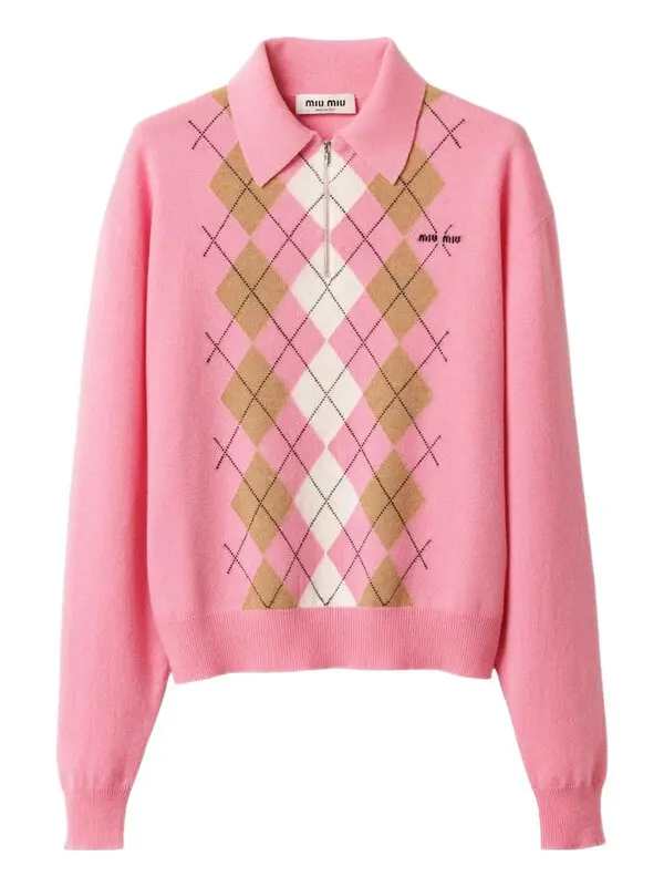 Miu Miu Argyle Pattern Half-zip Polo Jumper - Pink