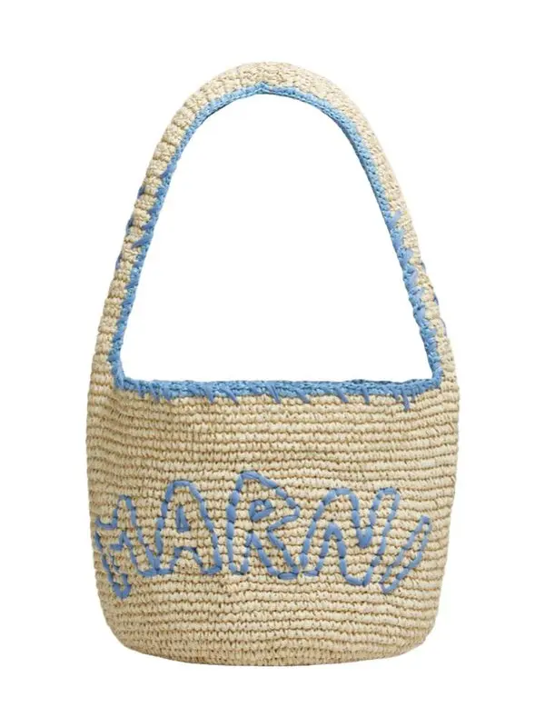 Marni Logo Embroidered Woven Shoulder Bag - Natural