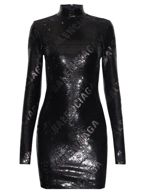 Balenciaga All-over Sequin-embellished Highneck Dress - Black