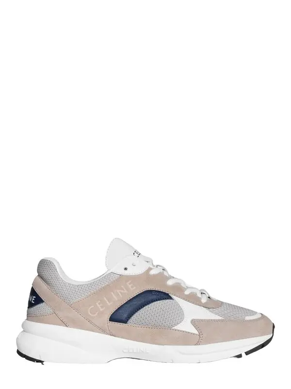 Celine Runner Cr-03 Low Lace-up Sneakers In Mesh, Suede Calfskin, And Calfskin - Optical White/beige/navy Blue