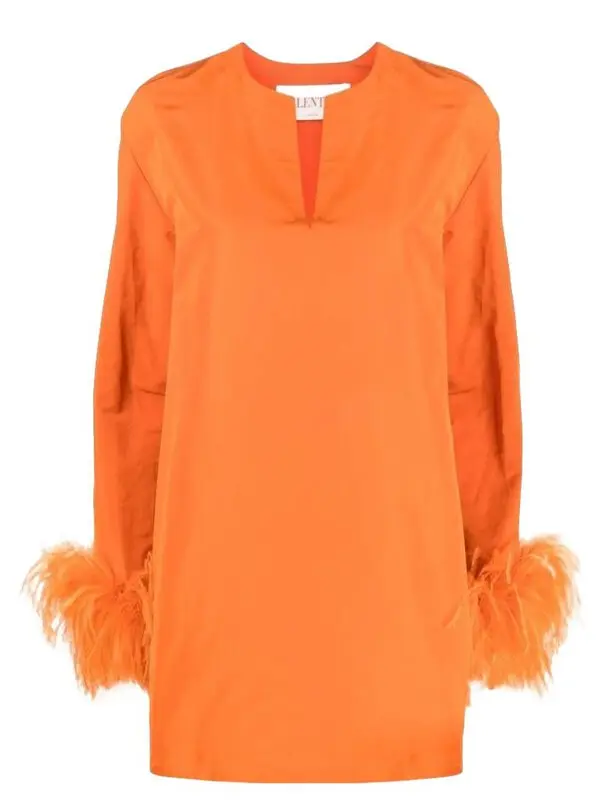 Valentino Garavani V-neck Feather Trim Dress - Orange