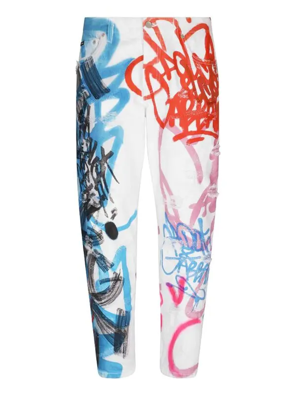 Dolce & Gabbana Graffiti Printed Loose Jeans - White