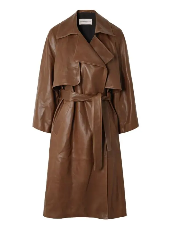 Nour Hammour Belted Leather Trench Coat - Cinnamon