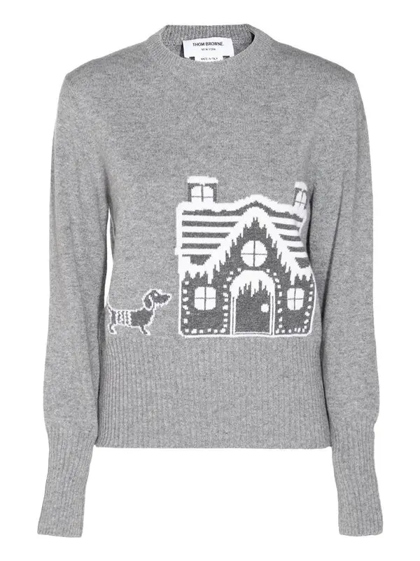 Thom Browne Classic Crewneck Jumper With Holiday Scenery - Grey